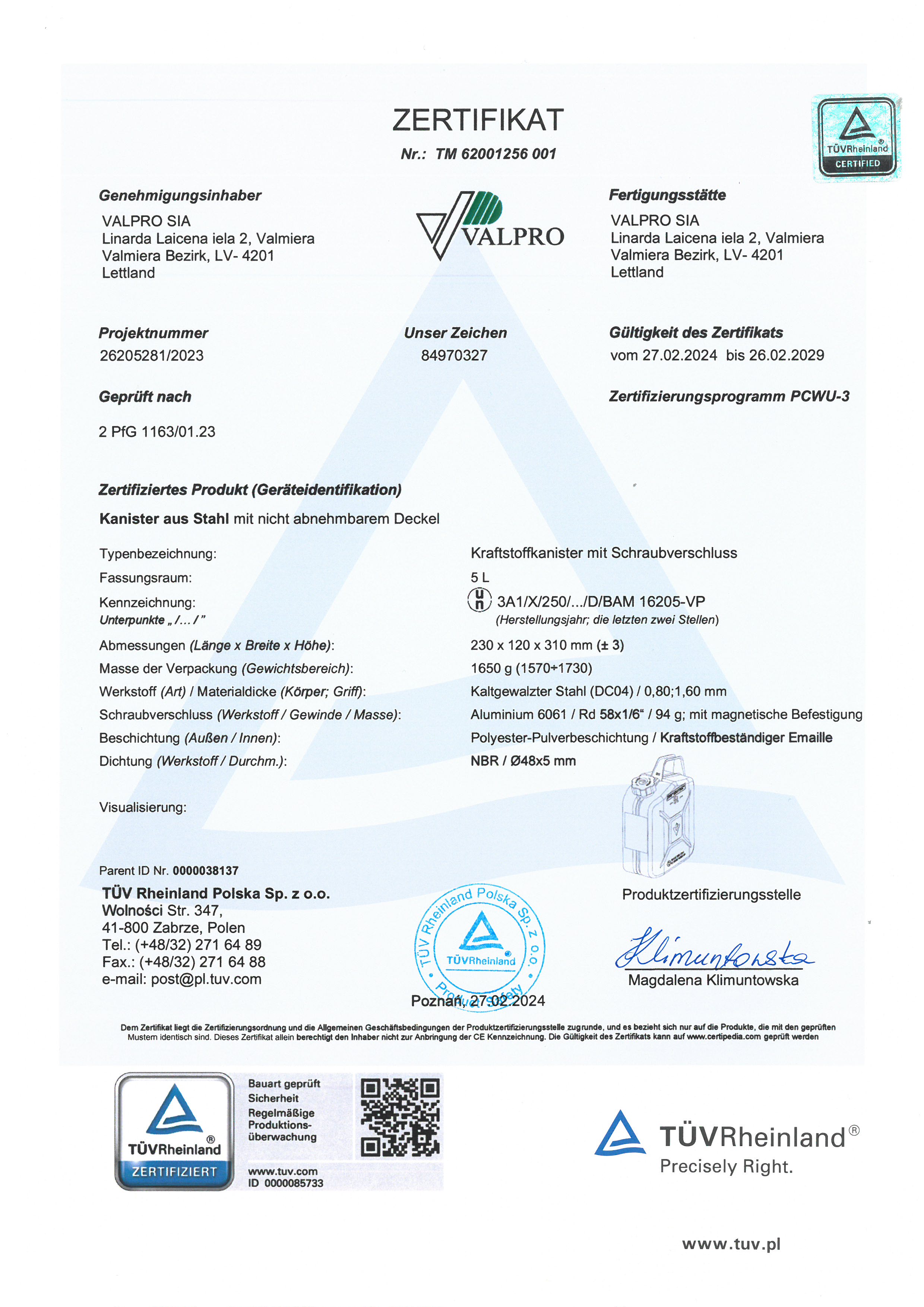 VALPRO - Products - Metal fuel cans - Certification