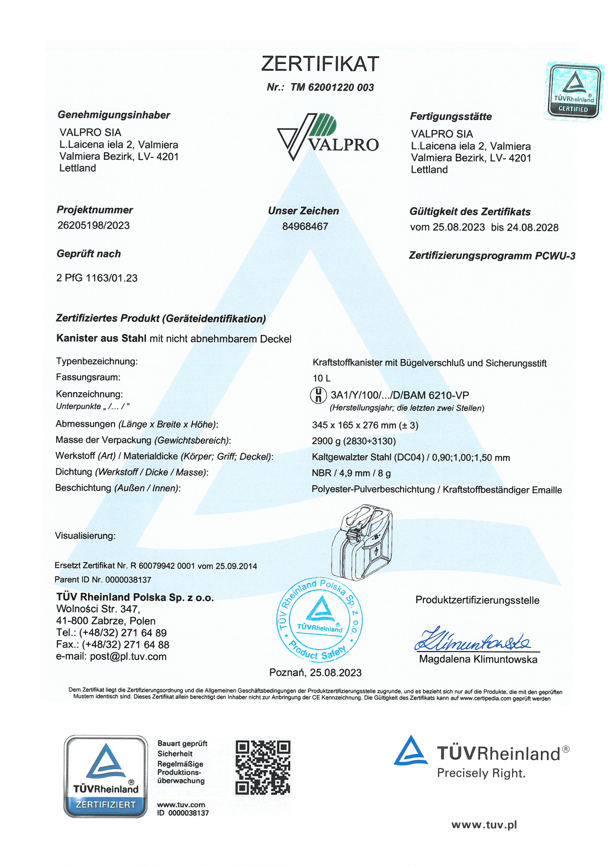 VALPRO - Products - Metal fuel cans - Certification